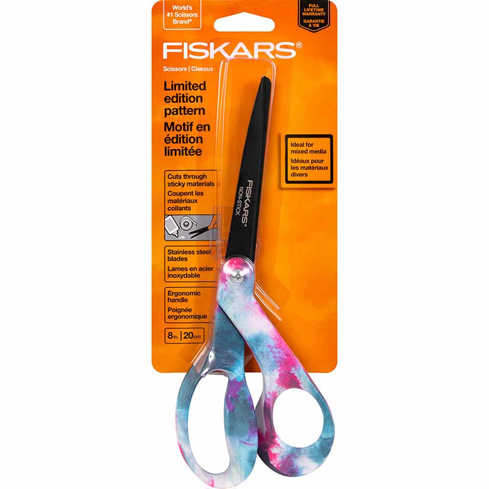Fiskars Premier Bent Deco NonStick Scissors 8in Pink & Blue Tie Dye ...