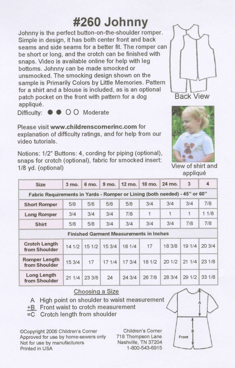Johnny 18 Months - 4 Years Romper and Shirt Pattern by Elizabeth Travi ...